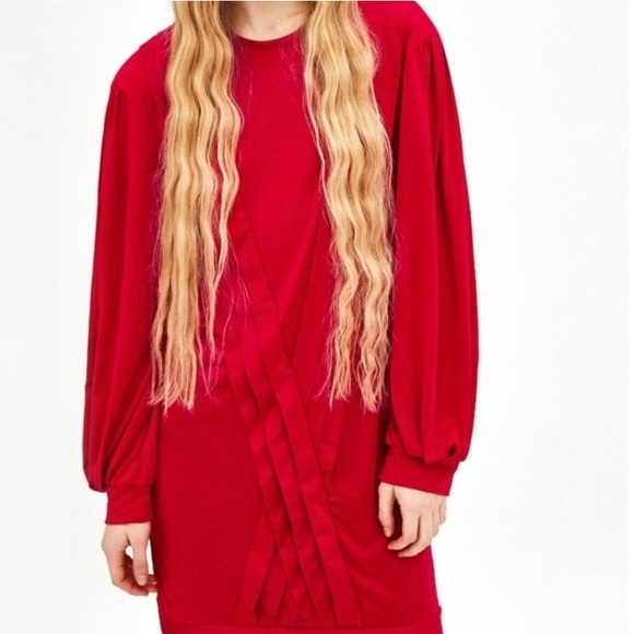 Zara | Dresses | Zara Red Pleated Bishop Sleeve Tunic Dress | Poshmark